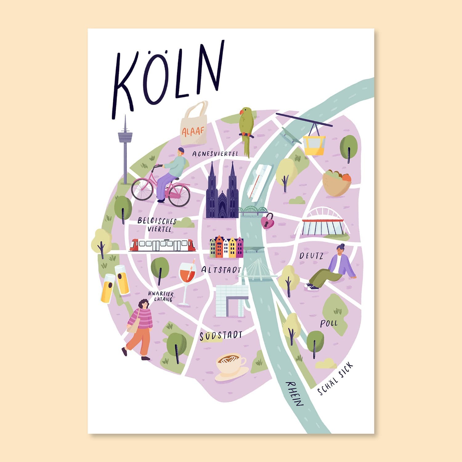 Köln Karte / Kunstprint A5, A4, A3 / Svea Hansohn Illustration ...